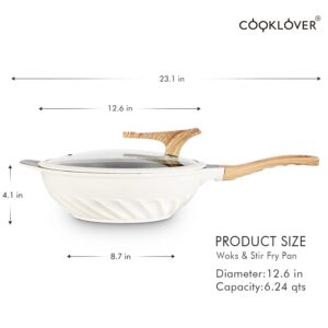 COOKLOVER Nonstick Induction Wok-12.6inch& 9.5 inch Nonstick Stir Fry Pan with Lid – White