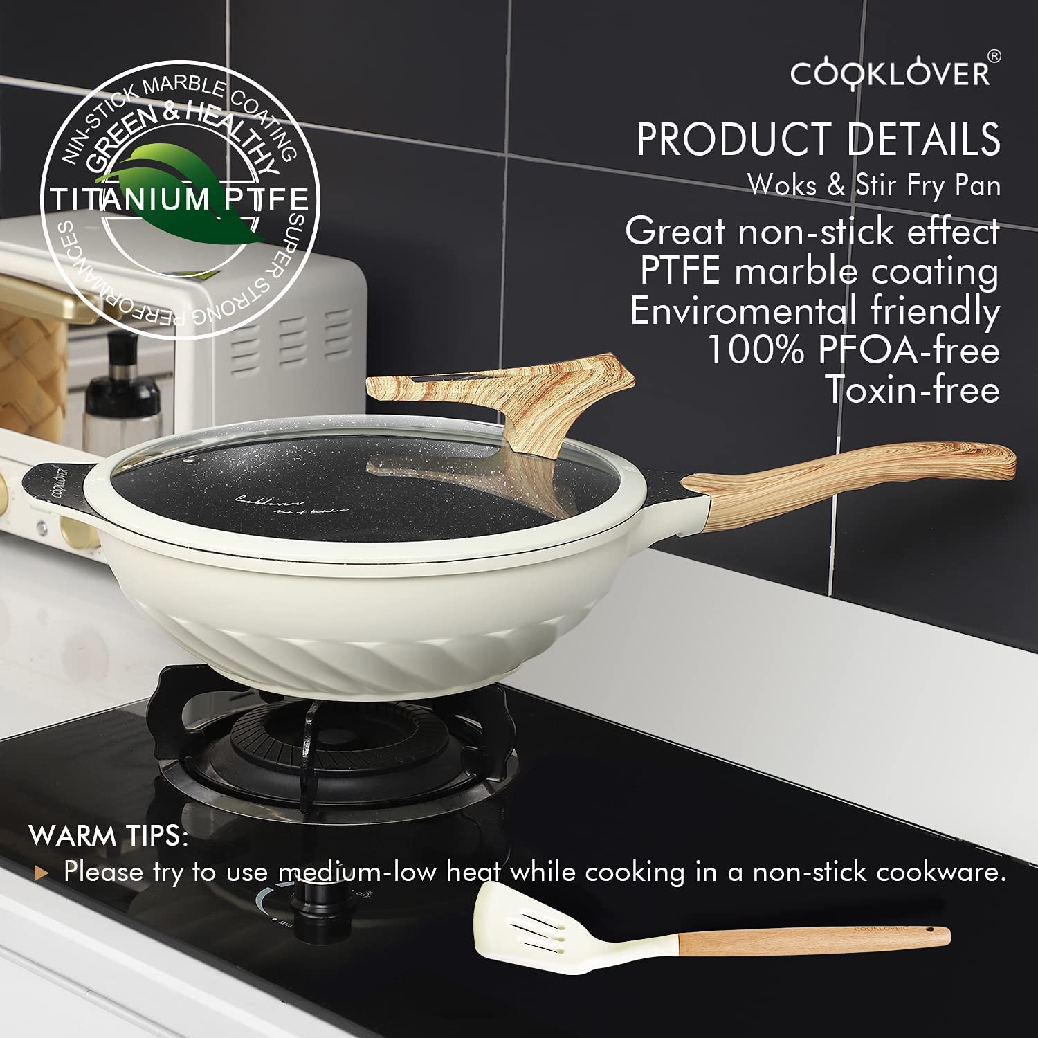 COOKLOVER Nonstick Induction Wok-12.6inch& 9.5 inch Nonstick Stir Fry Pan with Lid – White