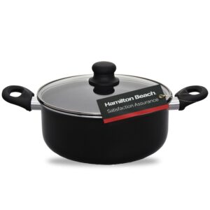 hamilton beach nonstick covered dutch oven 3-qt - black aluminum dutch oven with soft touch bakelite handle & glass lid - flared edge - spiral bottom, multipurpose use - durable & dishwasher safe