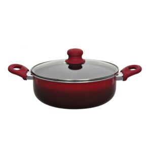 hamilton beach low dutch oven pot 12 inch red, nonstick cooking pot with soft touch bakelite handle & glass lid | superb heat conduction deep fryer pot, multipurpose use