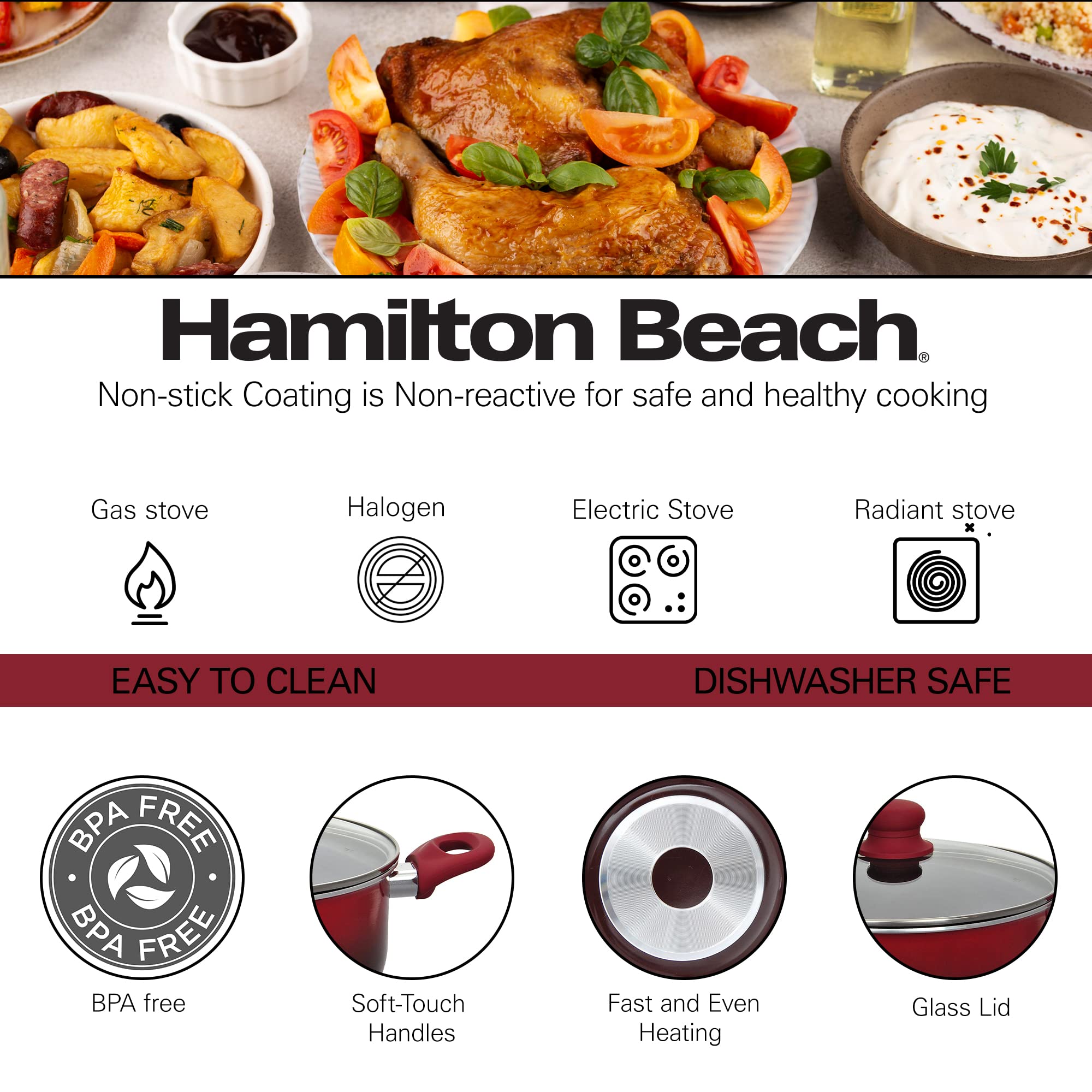 Hamilton Beach Low Dutch Oven Pot 12 Inch Red, Nonstick Cooking Pot with Soft Touch Bakelite Handle & Glass Lid | Superb Heat Conduction Deep Fryer Pot, Multipurpose Use