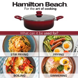 Hamilton Beach Low Dutch Oven Pot 12 Inch Red, Nonstick Cooking Pot with Soft Touch Bakelite Handle & Glass Lid | Superb Heat Conduction Deep Fryer Pot, Multipurpose Use