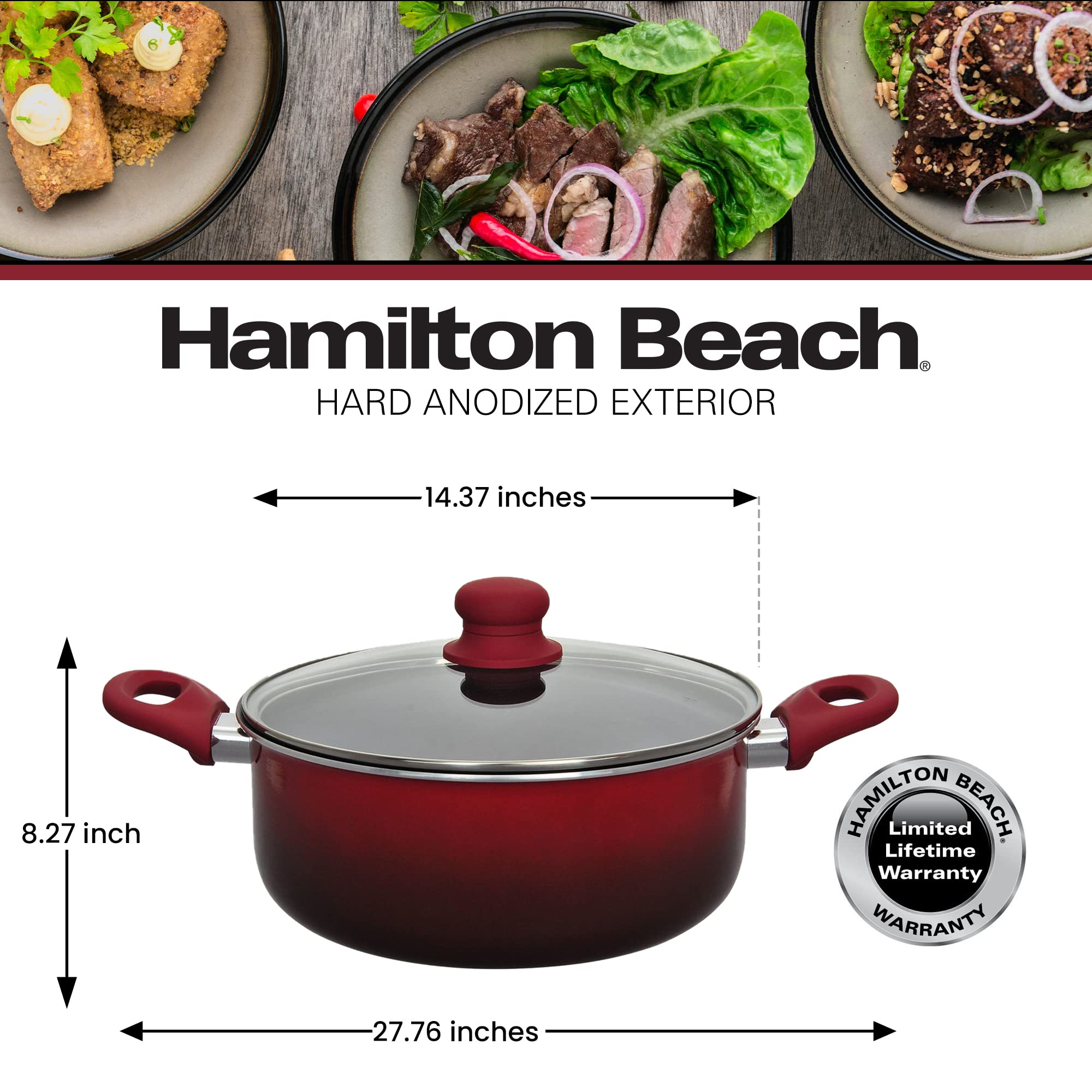 Hamilton Beach Low Dutch Oven Pot 12 Inch Red, Nonstick Cooking Pot with Soft Touch Bakelite Handle & Glass Lid | Superb Heat Conduction Deep Fryer Pot, Multipurpose Use