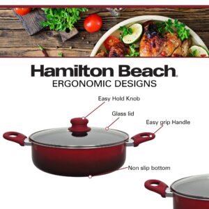 Hamilton Beach Low Dutch Oven Pot 12 Inch Red, Nonstick Cooking Pot with Soft Touch Bakelite Handle & Glass Lid | Superb Heat Conduction Deep Fryer Pot, Multipurpose Use