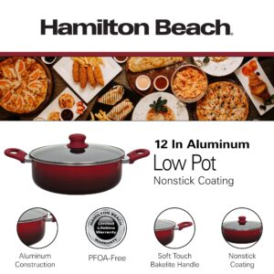 Hamilton Beach Low Dutch Oven Pot 12 Inch Red, Nonstick Cooking Pot with Soft Touch Bakelite Handle & Glass Lid | Superb Heat Conduction Deep Fryer Pot, Multipurpose Use