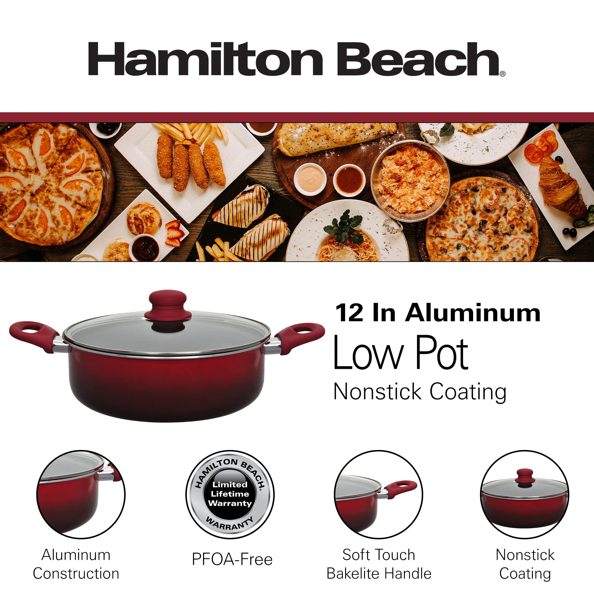 Hamilton Beach Low Dutch Oven Pot 12 Inch Red, Nonstick Cooking Pot with Soft Touch Bakelite Handle & Glass Lid | Superb Heat Conduction Deep Fryer Pot, Multipurpose Use