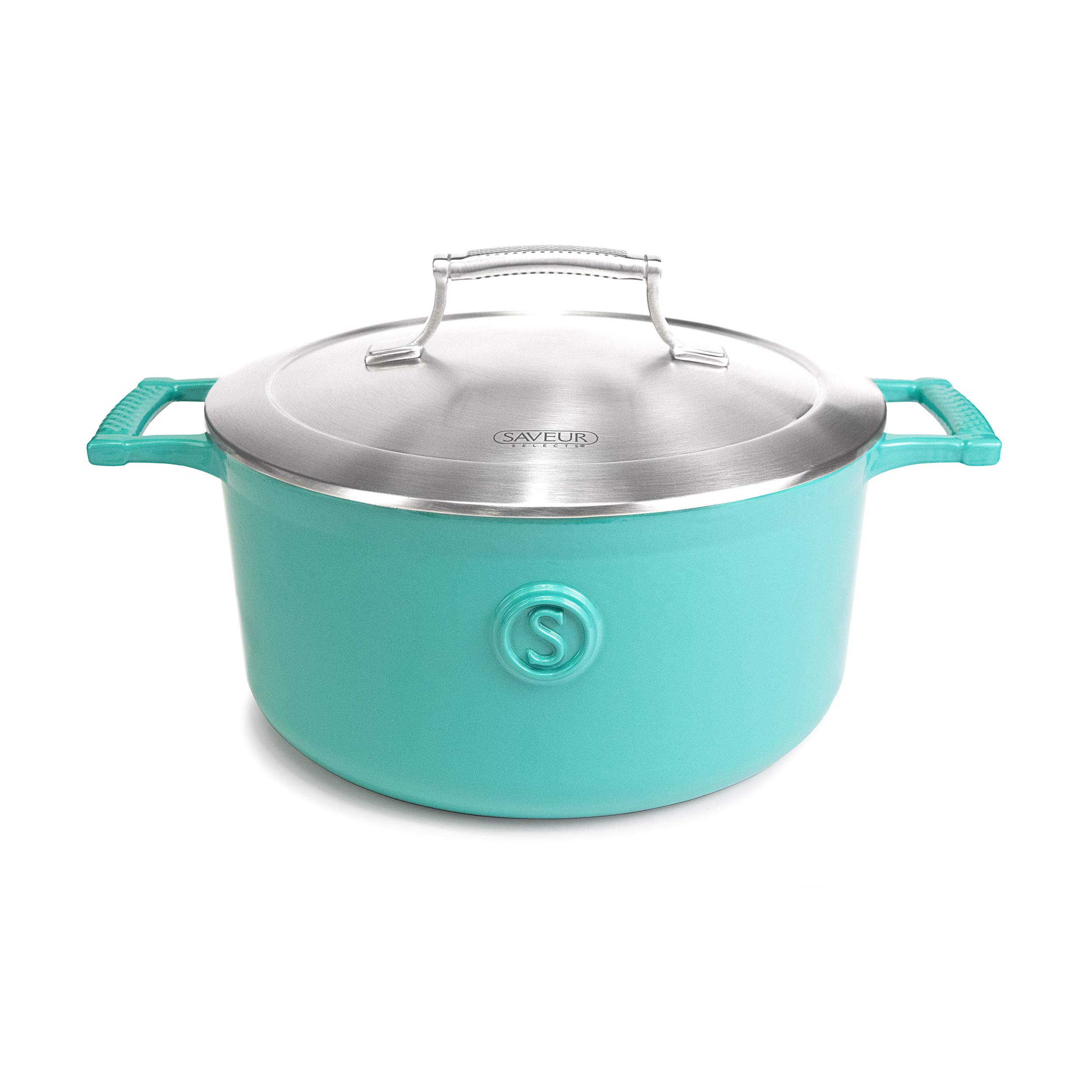 SAVEUR SELECTS Enameled Cast Iron Casserole, 5-Quart Dutch Oven with Double-walled Stainless Steel Lid, Saveur Blue, Voyage Series