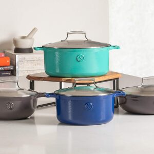 SAVEUR SELECTS Enameled Cast Iron Casserole, 5-Quart Dutch Oven with Double-walled Stainless Steel Lid, Saveur Blue, Voyage Series