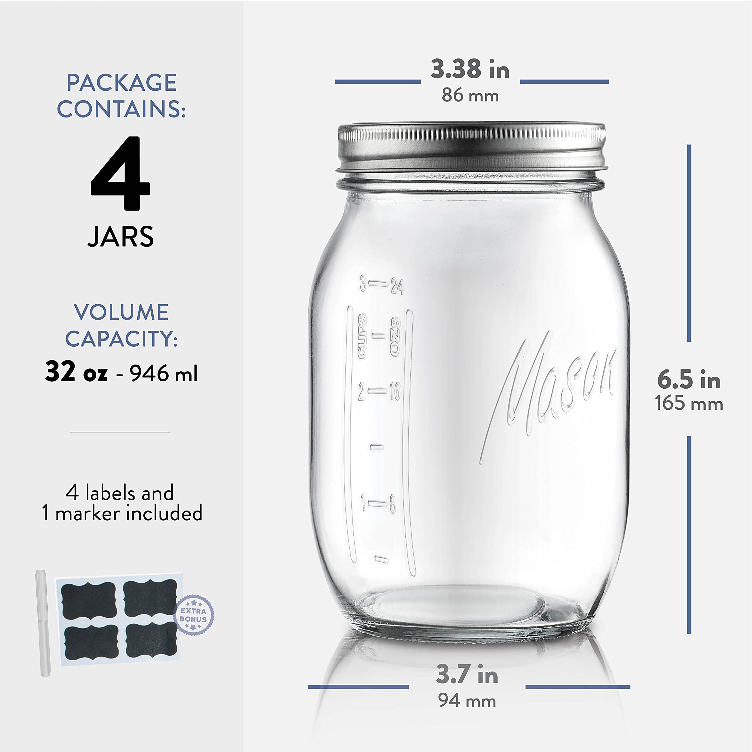 Paksh Novelty Mason Jars - Food Storage Container - 4-Pack - Airtight Container for Pickling, Canning, Candles, Home Decor, Overnight Oats, Fruit Preserves, Jam or Jelly