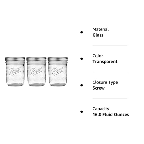 Ball Wide Mouth Pint 16-Ounces Mason Jars with Lids and Bands, (Set of 3)