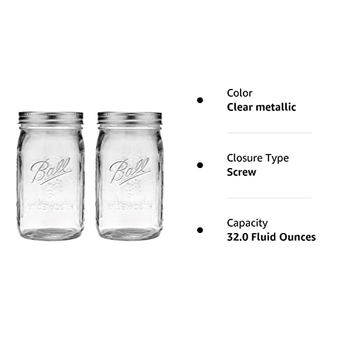 2 Mason Jar Wide Mouth 32 oz. (Quart) with Lid and Band - Clear