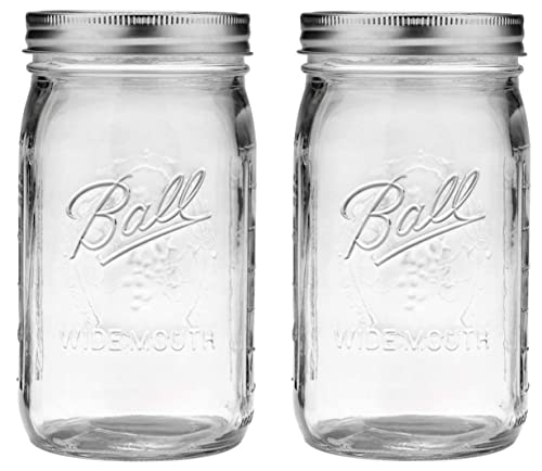 2 Mason Jar Wide Mouth 32 oz. (Quart) with Lid and Band - Clear