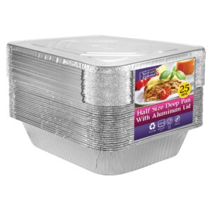 nicole home collection aluminum pans with lids half size 9x13 extra heavy duty, disposable foil pans for baking (25 sets)