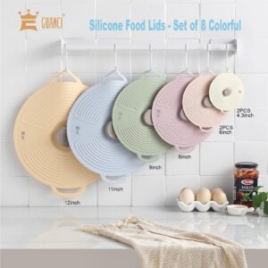 GUANCI Set of 8 Silicone Lids, Reusable Suction Microwave Food Storage Cover Food-Grade Grip fits Cups, Bowls, Plates, Pots, Fridge Dishwasher Safe