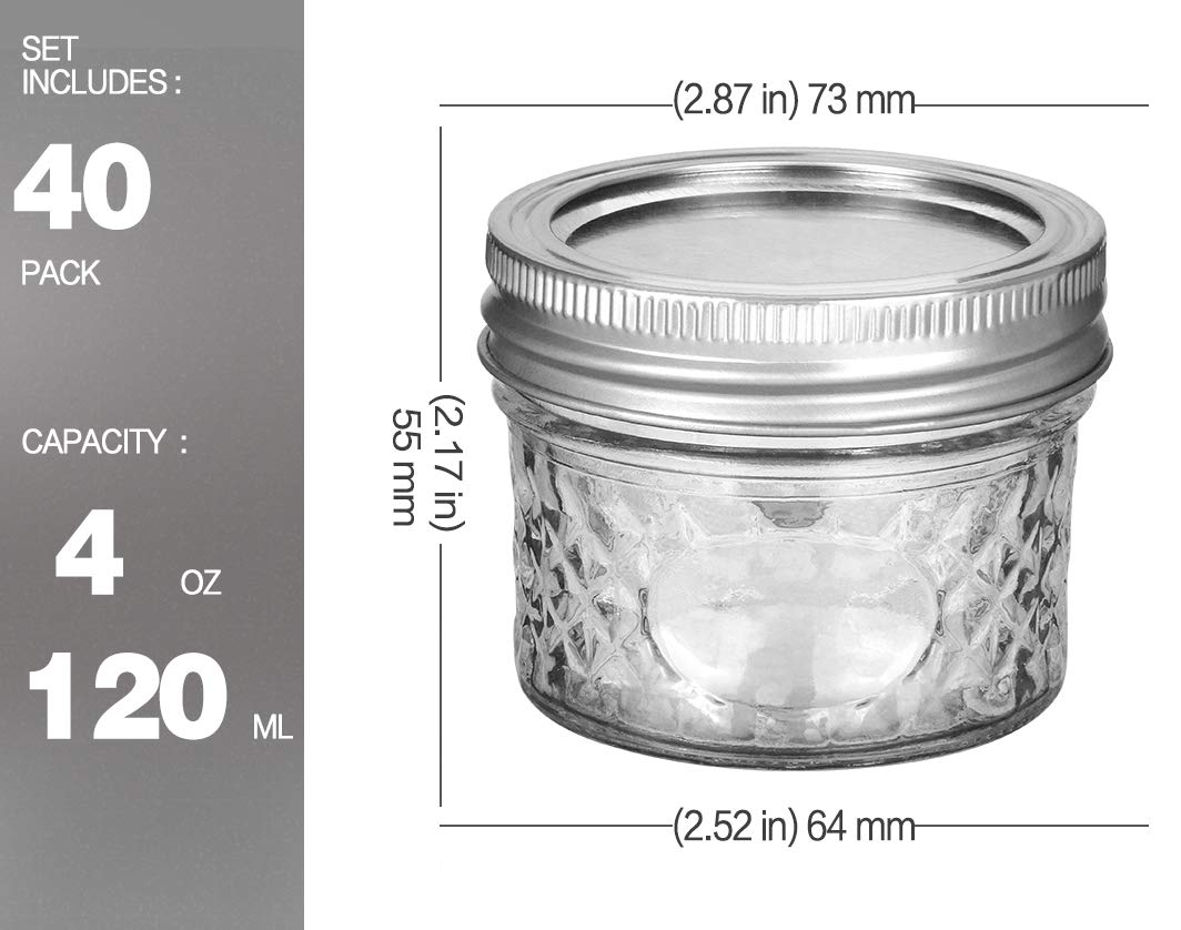 VERONES Mason Jars 4 OZ, Canning Jars With Regular Lids, Ideal for Jam, Honey, Wedding Favors, Shower Favors, DIY Spice Jars, 40 PACK