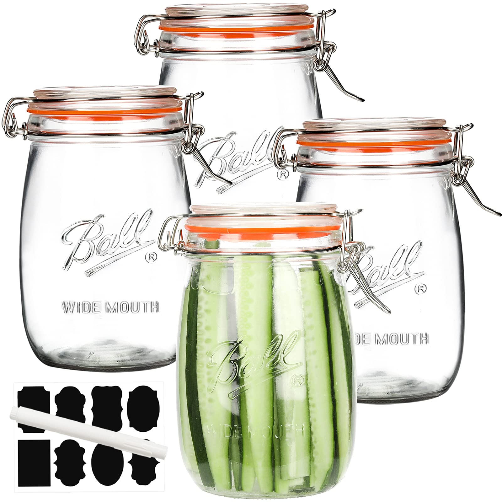 Anwoi Wide Mouth Glass Jars with Airtight Lid 32OZ 4 Pack, Kitchen Storage Large Clear Canister Jars with Hinged Lid with Measurement Marks For Canning,Coffee,Flour,Sugar,Beans