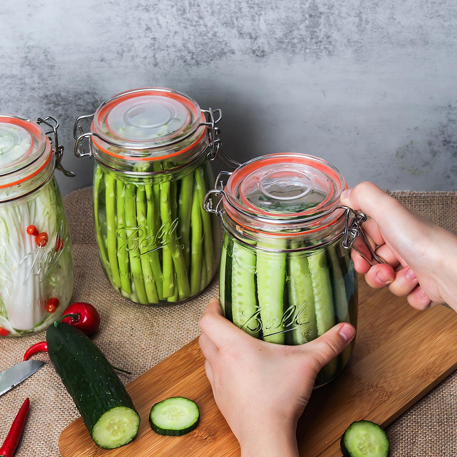 Anwoi Wide Mouth Glass Jars with Airtight Lid 32OZ 4 Pack, Kitchen Storage Large Clear Canister Jars with Hinged Lid with Measurement Marks For Canning,Coffee,Flour,Sugar,Beans