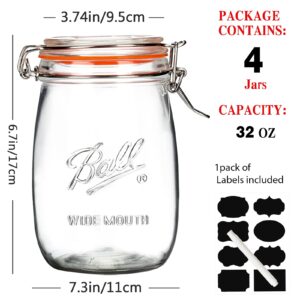 Anwoi Wide Mouth Glass Jars with Airtight Lid 32OZ 4 Pack, Kitchen Storage Large Clear Canister Jars with Hinged Lid with Measurement Marks For Canning,Coffee,Flour,Sugar,Beans