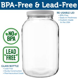 2 Pack ~ Wide Mouth 1 Gallon Clear Glass Jar - White Lid with Liner Seal for Fermenting Kombucha/Kefir, and Storing Food - USDA Approved, Dishwasher Safe