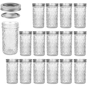 verones mason jars 12 oz, canning jars jelly jars with regular lids, ideal for jam, honey, wedding favors, shower favors,15 pack