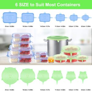 ONEGOL Silicone Stretch Lids, 12 Pcs Silicone Lids, 6 Sizes BPA-free Silicone Bowl Covers Reusable for Cups, Bowls and Dish, Flexible, Round and Rectangle Fit 2.8” - 8.2” Container, Green & Blue