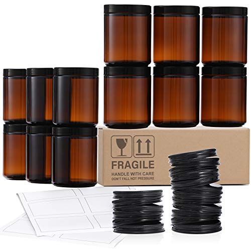 12 Pack 8oz Amber Glass Jars with Metal & Plastic Lids - For Candle, Food Storage, Canning