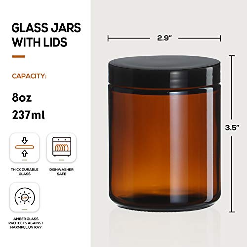 12 Pack 8oz Amber Glass Jars with Metal & Plastic Lids - For Candle, Food Storage, Canning