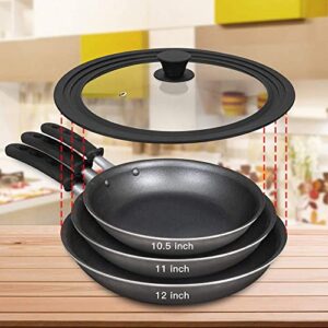 Universal Lid for Pots,Pans and Skillets - Tempered Glass with Heat Resistant Silicone Rim Fits 10.5", 11" and 12" Diameter Cookware,Black