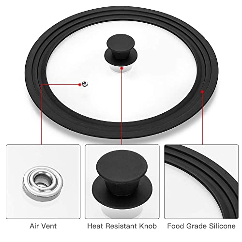 Universal Lid for Pots,Pans and Skillets - Tempered Glass with Heat Resistant Silicone Rim Fits 10.5", 11" and 12" Diameter Cookware,Black