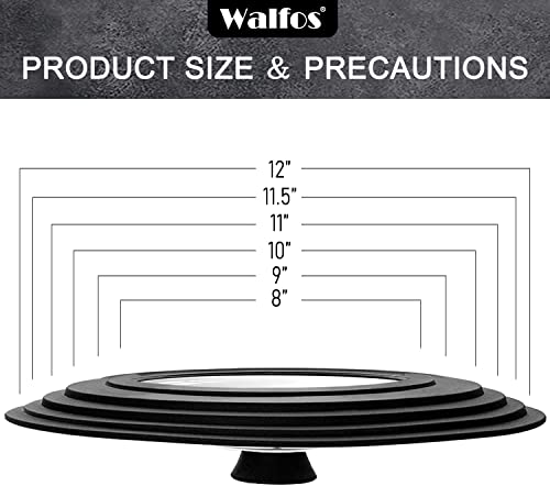 Walfos Universal Pan Lid - Pot Lid for Pots, Pans and Skillets, with Unique Enlarged Heat Resistant Silicone Rim and Tempered Glass, Fits 8" to 12" Diameter Cookware, BPA Free (1 Piece)