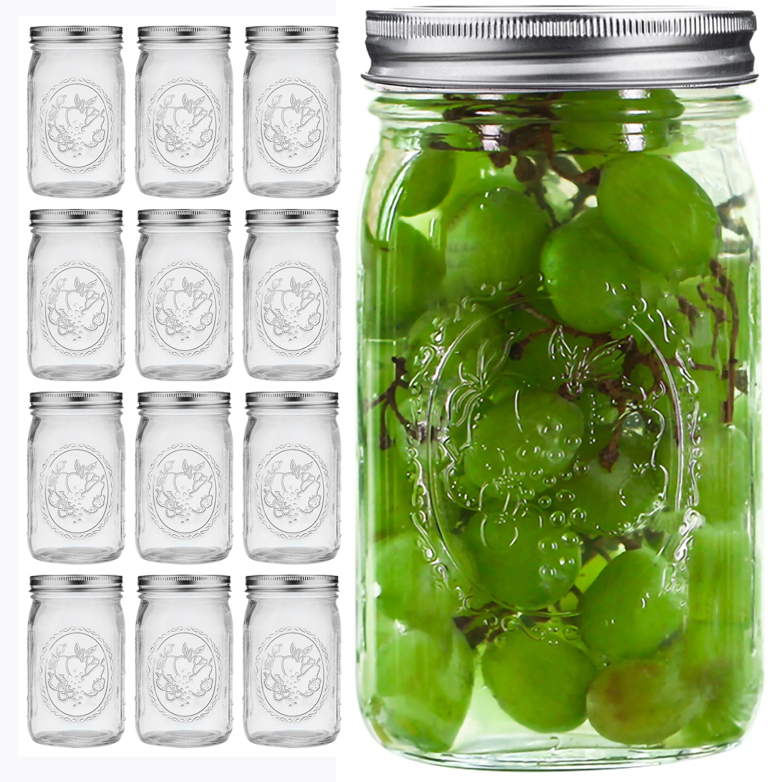 eleganttime Wide Mouth Mason Jars 32 oz with Lids and Bands Set of 12 Jars,Quart Large Glass Mason Jars with Airtight Lids,Great for Canning,Fermentation and Preservation