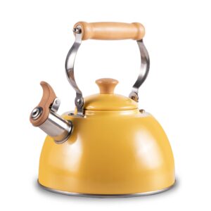 rockurwok tea kettle, tea pot with cool touch ergonomic handle, tea kettle food grade stainless steel, tea kettle stovetop, kettle teapot, whistling tea kettle, small tea kettle, 1.6 quart (yellow)