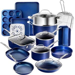 granitestone 20 pc kitchen pots and pans set non stick cookware set, kitchen cookware sets, granite nonstick cookware set, diamond coated non toxic cookware set, oven & dishwasher safe - blue