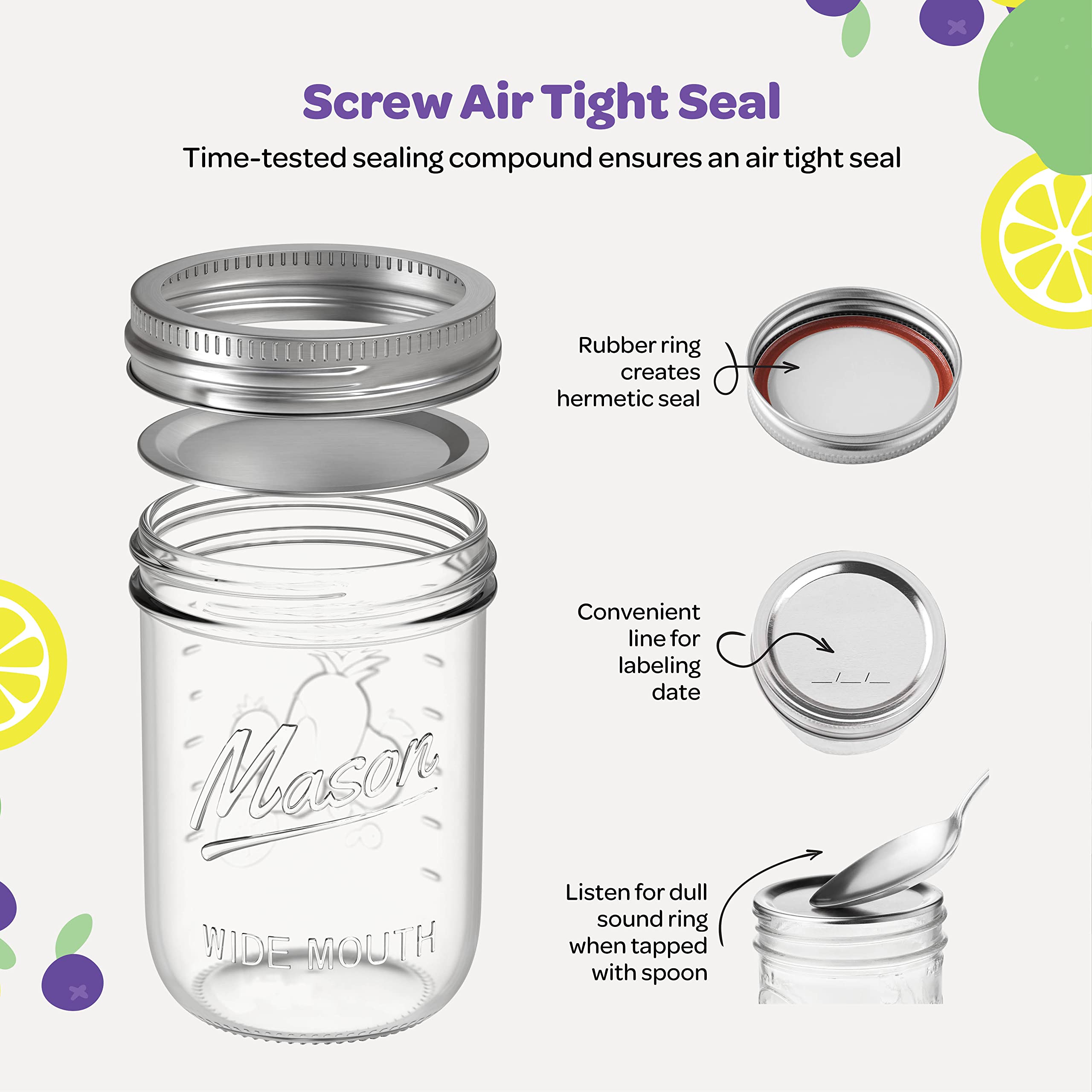 SEWANTA Wide Mouth Mason Jars 16 oz With mason jar lids and Bands, mason jars 16 oz - For Canning, Fermenting, Pickling - Jar Décor - Microwave/Freeze/Dishwasher Safe. (4)