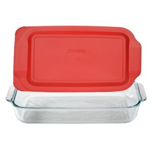 pyrex basics 3 quart glass oblong baking dish with red plastic lid -13.2 inch x 8.9inch x 2 inch