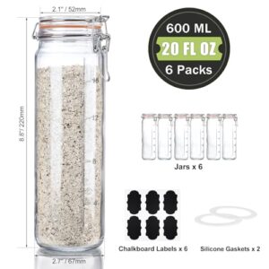 Huichuiero 20 oz Glass Jars with Airtight Lids for Vanilla Extract, 6 Pack Glass Juice Bottles with 2 Measurement Marks, Glass Food Storage Canister Set For Beans, Spice, Tea, Drink, Milk. 600ML