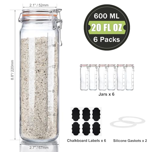 Huichuiero 20 oz Glass Jars with Airtight Lids for Vanilla Extract, 6 Pack Glass Juice Bottles with 2 Measurement Marks, Glass Food Storage Canister Set For Beans, Spice, Tea, Drink, Milk. 600ML