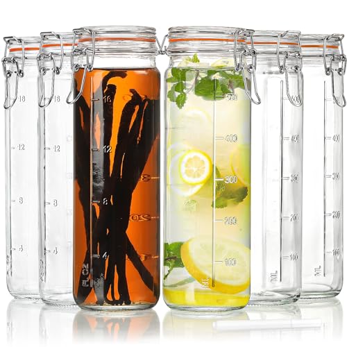 Huichuiero 20 oz Glass Jars with Airtight Lids for Vanilla Extract, 6 Pack Glass Juice Bottles with 2 Measurement Marks, Glass Food Storage Canister Set For Beans, Spice, Tea, Drink, Milk. 600ML