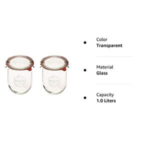 Weck Tulip Jars 1 Liter - Large Sour Dough Starter Jars with Wide Mouth - Suitable for Canning and Storage - 2 with Glass Lids