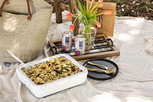 Fancy Panz Premium Dress Up & Protect Your Foil Pan, Made in USA. Hot/Cold Gel Pack, One Half Sized Foil Pan & Serving Spoon Included. Stackable for easy travel. (Marble)