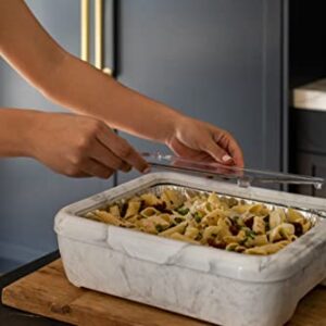 Fancy Panz Premium Dress Up & Protect Your Foil Pan, Made in USA. Hot/Cold Gel Pack, One Half Sized Foil Pan & Serving Spoon Included. Stackable for easy travel. (Marble)