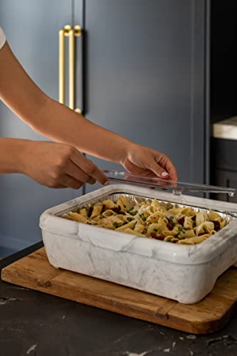 Fancy Panz Premium Dress Up & Protect Your Foil Pan, Made in USA. Hot/Cold Gel Pack, One Half Sized Foil Pan & Serving Spoon Included. Stackable for easy travel. (Marble)