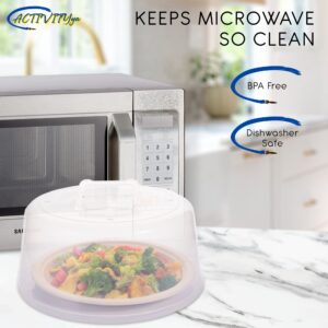 Large Microwave Cover for Food - Splatter Guard Lid - Cake Stand Cover - Size 11.5 In x 5 In Tall - Easy Grip Handle with Steam Vented Holes - BPA Free & Dishwasher Safe | Clear Plastic