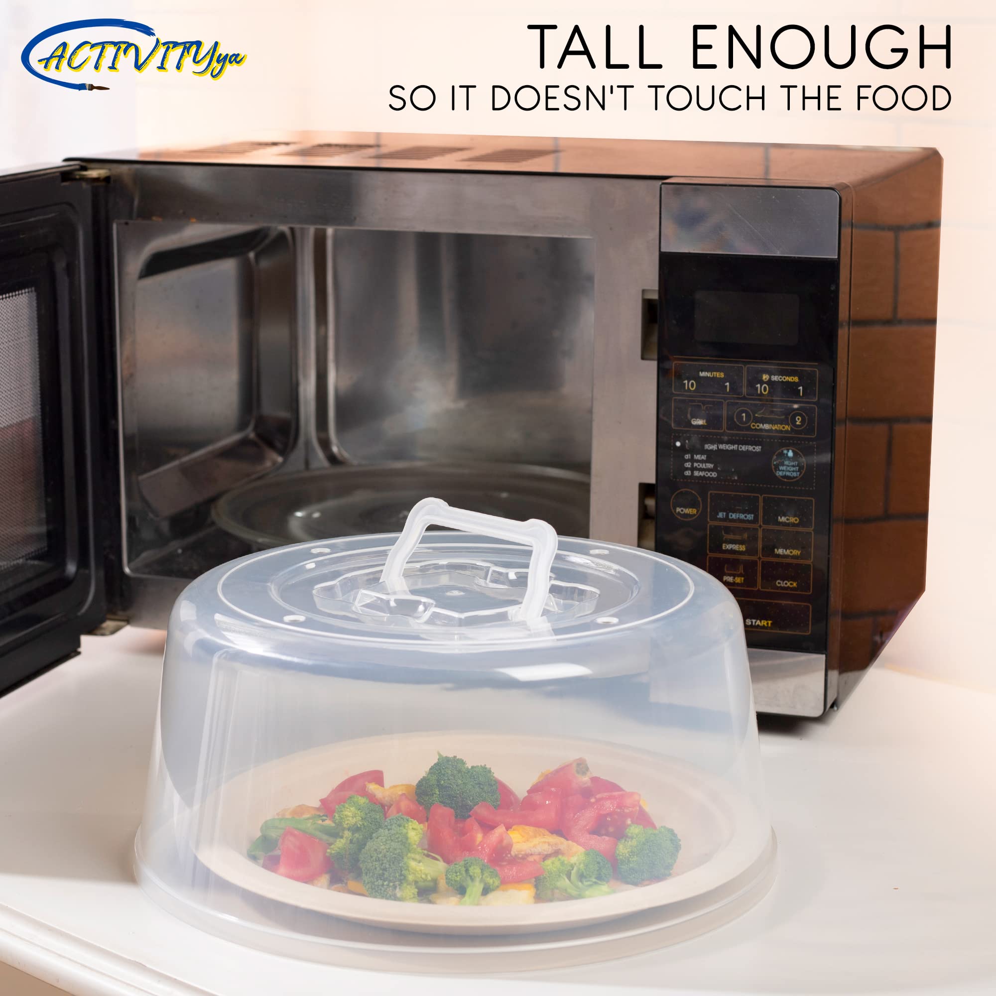 Large Microwave Cover for Food - Splatter Guard Lid - Cake Stand Cover - Size 11.5 In x 5 In Tall - Easy Grip Handle with Steam Vented Holes - BPA Free & Dishwasher Safe | Clear Plastic