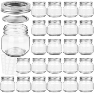 kamota mason jars 8 oz with regular silver lids and bands, ideal for jam, honey, wedding favors, shower favors, diy spice jars, 24 pack, 30 whiteboard labels included