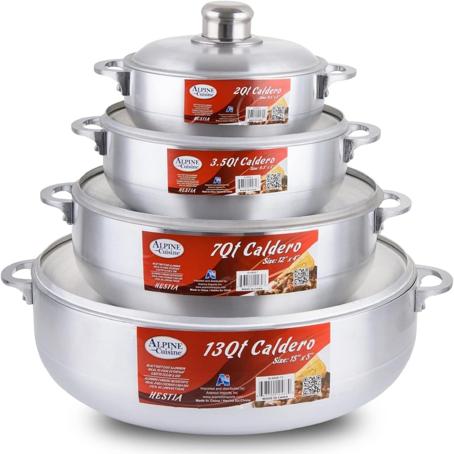 Alpine Cuisine Aluminum Caldero Stock Pot Set (2/3.5/7/13 Quart), Cosine Cooking Dutch Oven, Serve Large & Small Groups, Riveted Handles, Commercial Grade (8 Piece Set)