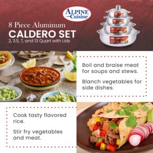 Alpine Cuisine Aluminum Caldero Stock Pot Set (2/3.5/7/13 Quart), Cosine Cooking Dutch Oven, Serve Large & Small Groups, Riveted Handles, Commercial Grade (8 Piece Set)