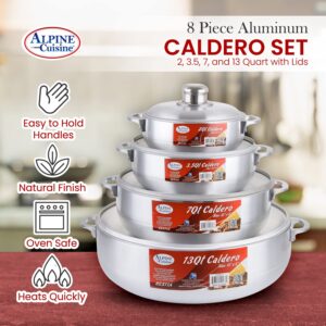 Alpine Cuisine Aluminum Caldero Stock Pot Set (2/3.5/7/13 Quart), Cosine Cooking Dutch Oven, Serve Large & Small Groups, Riveted Handles, Commercial Grade (8 Piece Set)