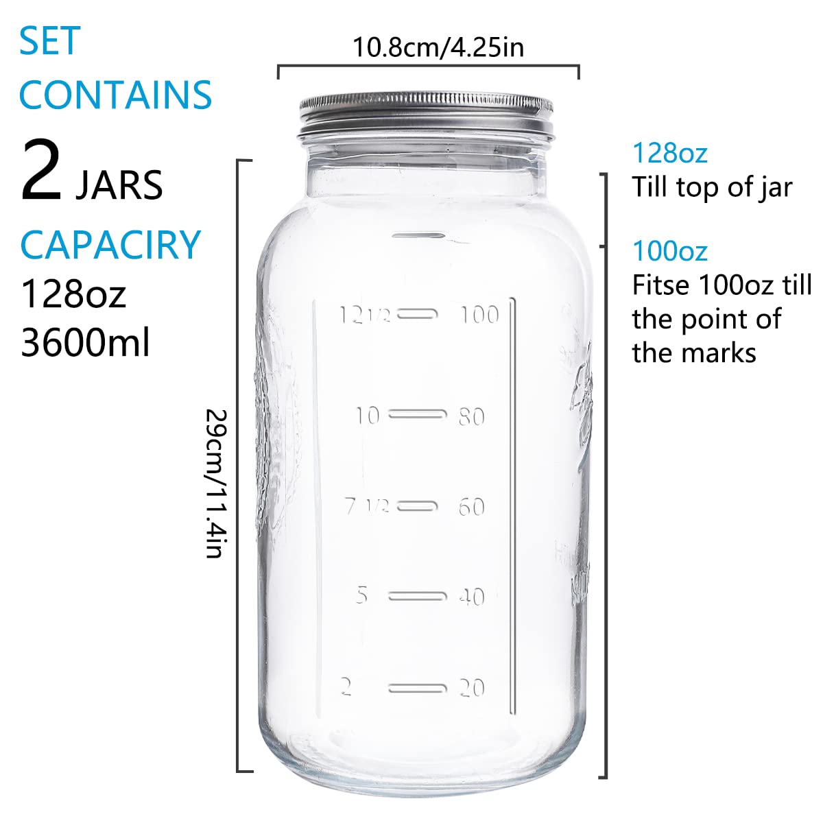 eleganttime 128 oz Mason Jars Extra Wide Mouth 2 Pack, 1 Gallon Glass Large Jars with Airtight Lid, Safe for Food Storage,Curing, Fermentation and Preservation