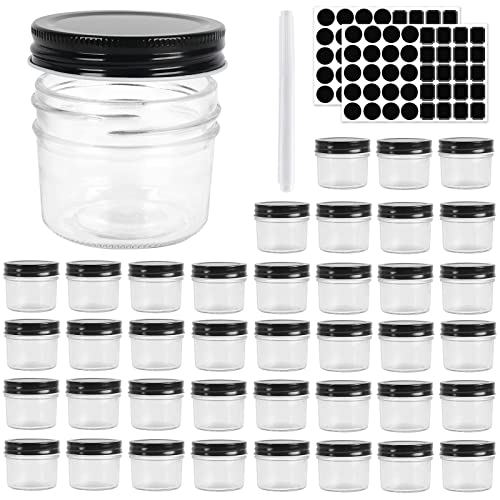 EkkoVla 40 Pack 4 oz Glass Jars with Black Lids, Regular Mouth Mini Mason Jar, Canning Jars for Baby Food, Honey, Jam, Jelly, Wedding Favor, Shower Favor, Body Butters, Spice